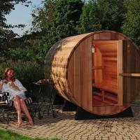 China Outdoor Cedar Sauna Barrel Wood Burning Stove Dry Steam Sauna For 6 Person for sale