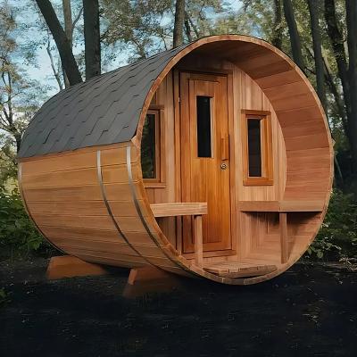 China Outdoor Hotel Solid Wood Thermo Wood Sauna Barrel Computer Control Panel Traditional Sauna for sale