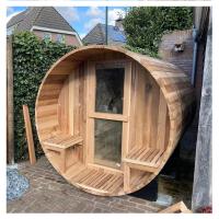 China Custom Outdoor Finland Wood Panoramic Barrel Sauna 4-8 Traditional Wood Fired Barrel Sauna for sale