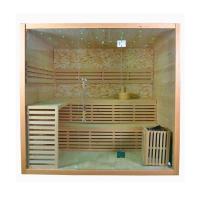 China Rectangular Wood Color Home Sauna Room With Tempered Glass Safety System 0-60 Minutes Timer for sale