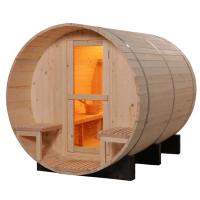 China 6 Person Barrel Sauna With 6KW Stove Heater 8mm Tempered Glass Door Wood Color 15-99 MIN Timer for sale