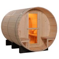 China 6 Person Barrel Sauna With 6KW Stove Heater 8mm Tempered Glass Door Wood Color 15-99 MIN Timer for sale