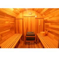 China Canadian Red Cedar Wooden Barrel Sauna Wooden Sauna Barrel With 6KW Heater 8mm Tempered Glass Door for sale