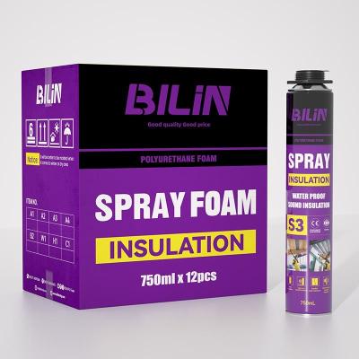 China BILIN S3 Spray PU Foam 750ml Flame Retardant Expanding Insulation with 0.036 W/(m*K) Thermal Conductivity and 62db Sound Insulation for sale