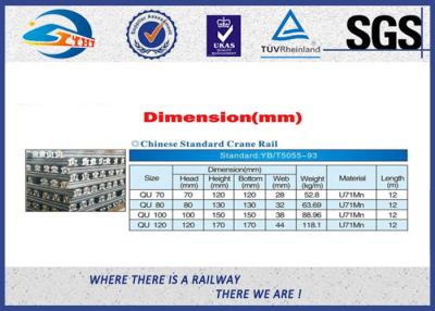 China 12m Railway Steel Railroad Steel Rail QU70 QU80 YB / T5055-93 for sale