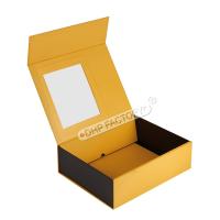 China Yellow Printed Magnetic Flap Gift Box Personalised Magnetic Box With Clear Window for sale