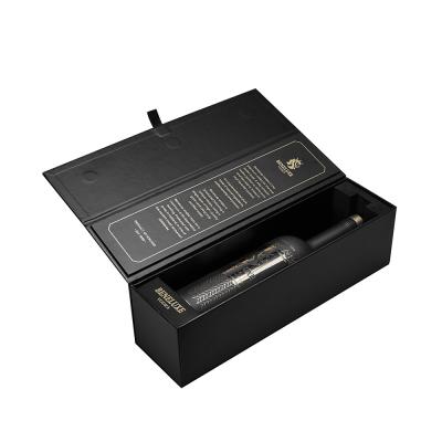China Customizable Magnetic Wine Boxes Black Wine Box With Ribbon Open for sale