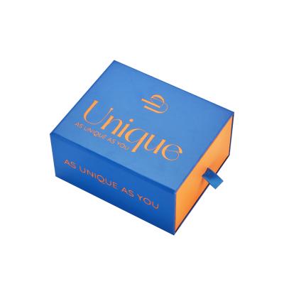 China Custom Rigid Gray Cosmetic Package Blue Slider Drawer Box Foil Stamp Brand Logo for sale