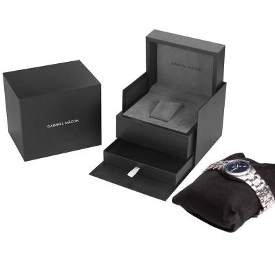 China Custom Luxury Black Watch Packaging Box Set Three Piece Rigid Cardboard Gift Box with Watch Pillow and Drawer Storage for sale