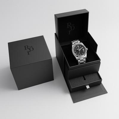 China Luxury Watch Box Set Three Pieces Including Flip Top Box Drawer Box and Lid and Base Box Custom Rigid Cardboard Packaging for sale
