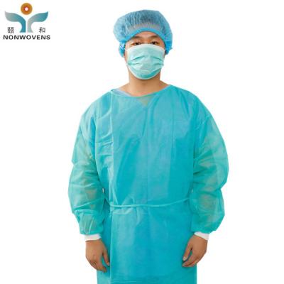 China Disposable protective green isolation gown SMS PP material 20-50gsm knitted cuff for sale