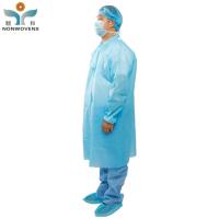 China Mid Length Blue Disposable Lab Coats Resistant Knitted Collar Medical Grade for sale