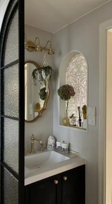 China Vintage French Arched Bathroom Vanity Cabinet & Brass Mirror Set for sale