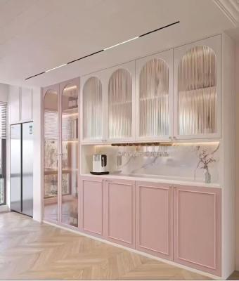 China French Arched Pink & White Sideboard Coffee Bar Cabinet Unit for sale