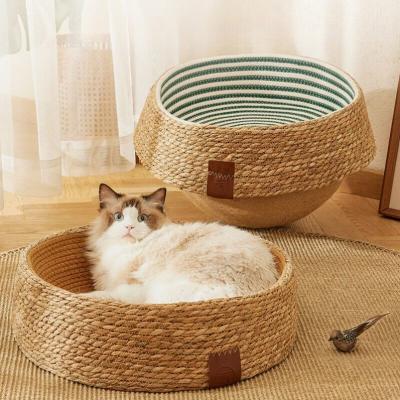 China Modern Hand-woven Collapsible Cat Nest Pet Bed with Rushes & Cotton Fill for Cats Dogs & Small Pets for sale