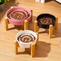 China Ceramic Cat and Dog Bowl with Wooden Frame Anti-Choking and Anti-Knocking Slow Food Basin Eco-Friendly Water Bowl for PETS for sale