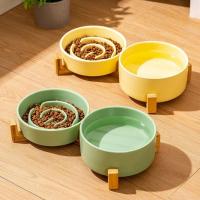 China Ceramic Cat and Dog Bowl with Wooden Frame Anti-Choking and Anti-Knocking Slow Food Basin Eco-Friendly Water Bowl for PETS for sale
