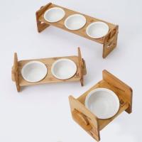 China Eco-friendly 2L Ceramic Dog & Cat Food/Water Bowl Set with Durable Wood Stand Slow-Bowls Non-Slip for Dogs and Cats for sale