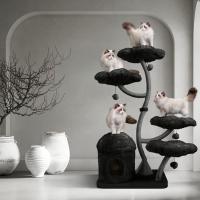 China Flower Cat Scratching Post Climbing Frame Tree House Modern Luxury Eco-Friendly Halloween Christmas Linen Wood Cat Tree Carton for sale