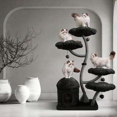 China Flower Cat Scratching Post Climbing Frame Tree House Modern Luxury Eco-Friendly Halloween Christmas Linen Wood Cat Tree Carton for sale