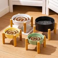 China Durable Eco-Friendly Ceramic Cat & Dog Bowl with Simple Wooden Frame Anti-Choking & Anti-Knocking Slow Feeding Basin for Pets for sale