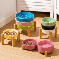 China Durable Eco-Friendly Ceramic Cat & Dog Bowl with Simple Wooden Frame Anti-Choking & Anti-Knocking Slow Feeding Basin for Pets for sale