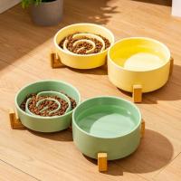 China Durable Eco-Friendly Ceramic Cat & Dog Bowl with Simple Wooden Frame Anti-Choking & Anti-Knocking Slow Feeding Basin for Pets for sale