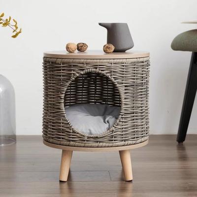 China Unique Multifunctional Square Wood Ottoman Table Footrest Seat Bed for Cats Dogs Washable Mat Pet Basket for sale