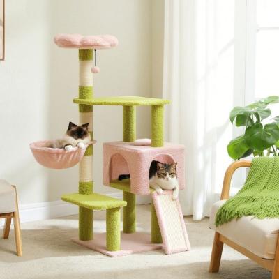 China Multi-Level Eco-friendly Wood Linen Cat Tower Modern Indoor Luxury Cat Condo Sisal Scratching Posts Small Medium Cats High for sale