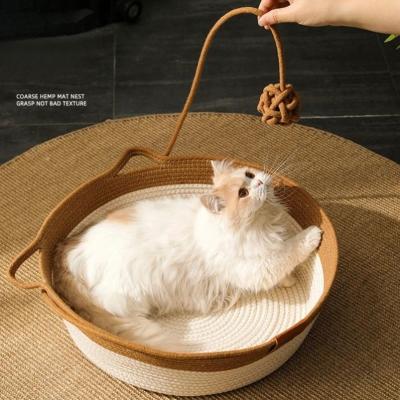 China Handmade All-Season Cat Bed Solid Pattern Rattan Woven Pet Nest Winter Warm Removable Washable Pad Scratch Board Small Animals for sale