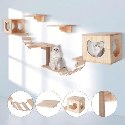 China Wall-Mounted Solid Wood Cat Tree Climbing Furniture Set Indoor Shelf Cat House Includes 2 Litters 4 Sets 2 Ladders 1 Column for sale