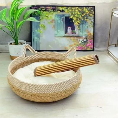 China Woven Striped Modern Collapsible Removable Upholstery Portable Pet Bed for Cats Bamboo Material Wear-resistant Washable Carton for sale