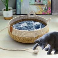 China Woven Striped Modern Collapsible Removable Upholstery Portable Pet Bed for Cats Bamboo Material Wear-resistant Washable Carton for sale