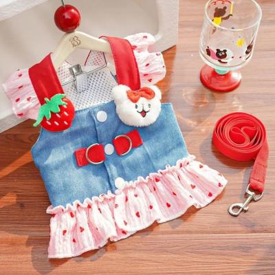 China Cute Puppy Clothes Cute Dog Dresses Pet Clothing Cat Dress Pet Denim Harness with Leash Summer Sweet Strawberry Small Dogs Skirt for sale