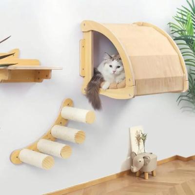 China Luxury Durable Eco-friendly Wooden Cat Tree Wall Mounted Cat Nest Sisal Scratching Post Clouds Jumping Platform Indoor Outdoor for sale
