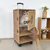 China Luxury Rattan & Metal Polyester Print Zipper Cat Carrier Luggage with Telescopic Handle and Wheels for Small Pets 10KG Capacity for sale