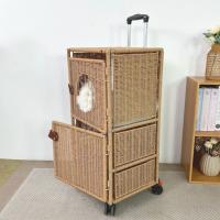 China Luxury Rattan & Metal Polyester Print Zipper Cat Carrier Luggage with Telescopic Handle and Wheels for Small Pets 10KG Capacity for sale