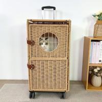 China Luxury Rattan & Metal Polyester Print Zipper Cat Carrier Luggage with Telescopic Handle and Wheels for Small Pets 10KG Capacity for sale