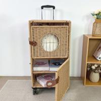 China Luxury Rattan & Metal Polyester Print Zipper Cat Carrier Luggage with Telescopic Handle and Wheels for Small Pets 10KG Capacity for sale