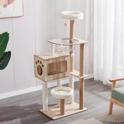 China Modern Wooden Cat Scratcher Tower Home Furniture Cat Toys Tree Pets Hammock Wood Post Climbing Frame Toy Cat Scratching Carton for sale