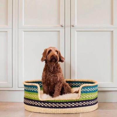 China Ghanaian Handmade Seagrass Rectangle Fashion Dog & Cat Kennel Pet Bed with Removable Cover Washable Storage Basket for sale