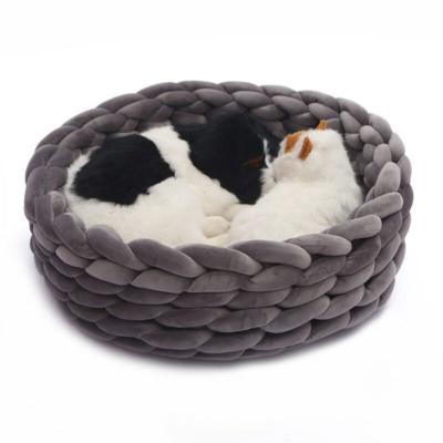 China Handmade Tweed Round Rattan Cage Modern Bowl Shapewoven by Hand Cat Nest Knitted Pet Bed for Dog and Cat for sale