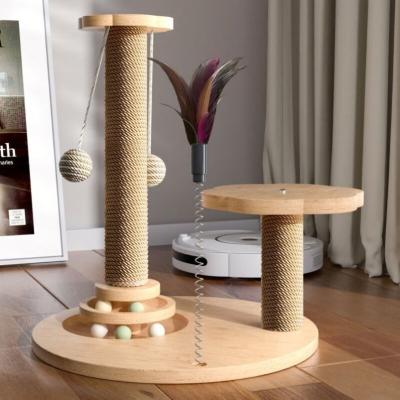 China Wholesale Customized Beige Modern Wooden Ball Cat Tower Natural Sisal Rope Wrapped Scratching Climbing Frame Tree Toys Christmas for sale
