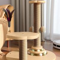 China Wholesale Customized Beige Modern Wooden Ball Cat Tower Natural Sisal Rope Wrapped Scratching Climbing Frame Tree Toys Christmas for sale