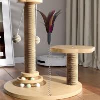 China Wholesale Customized Beige Modern Wooden Ball Cat Tower Natural Sisal Rope Wrapped Scratching Climbing Frame Tree Toys Christmas for sale