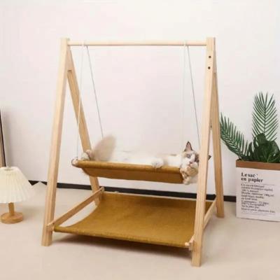 China Cozy Dual-Level Wooden Cat Swing Bed All-Season Sturdy Pet Hammock with Beige Fabric Modern Style Travel Collapsible for Dogs for sale