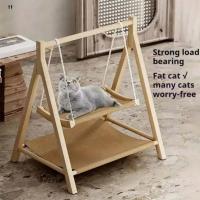 China Cozy Dual-Level Wooden Cat Swing Bed All-Season Sturdy Pet Hammock with Beige Fabric Modern Style Travel Collapsible for Dogs for sale