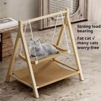 China Cozy Dual-Level Wooden Cat Dog Swing Hammock Bed Waterproof Eco-Friendly All-Season Sturdy Beige Fabric Modern Collapsible for sale