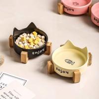 China Ceramic Pet Bowl Dish With Wood Stand No Spill Pet Ceramic Bowl for Dog Cat Food Water Feeder Cats Small Dogs Pet Bowl for sale