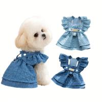 China Denim Dog Dresses for Small Dogs Flying Sleeves Leash Ring Summer Cat Apparel-Blue Chihuahua Outfits Puppy Girl Coat Birthdays for sale